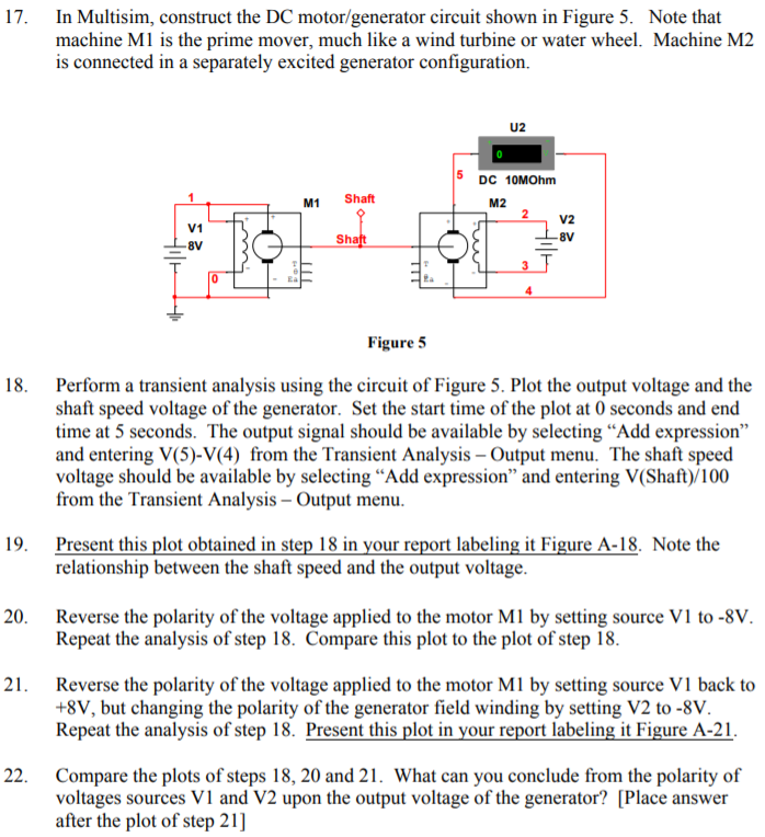 17. In Multisim, construct the DC motor/generator | Chegg.com