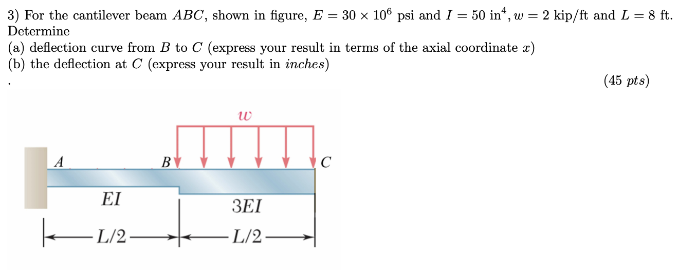 Solved 3) For the cantilever beam ABC, shown in figure, E = | Chegg.com