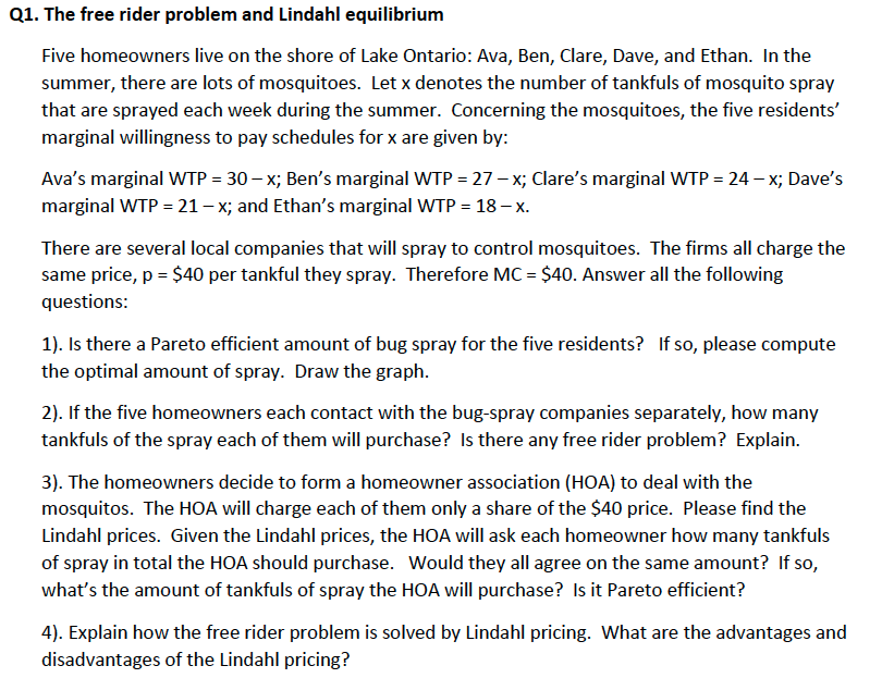 Solved Q1. The free rider problem and Lindahl equilibrium | Chegg.com