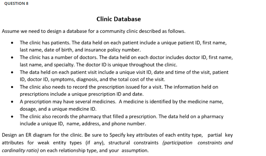 Solved QUESTION 8 Clinic Database Assume we need to design a | Chegg.com