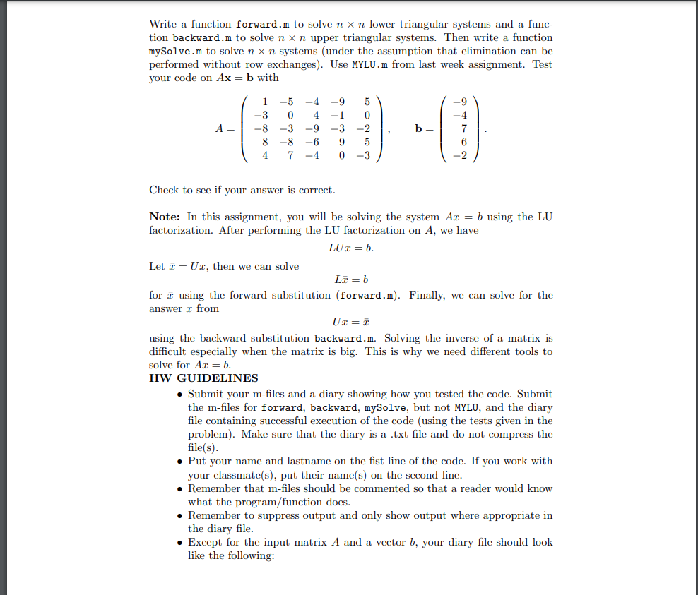 Solved Write a function forward.m to solve n×n lower | Chegg.com