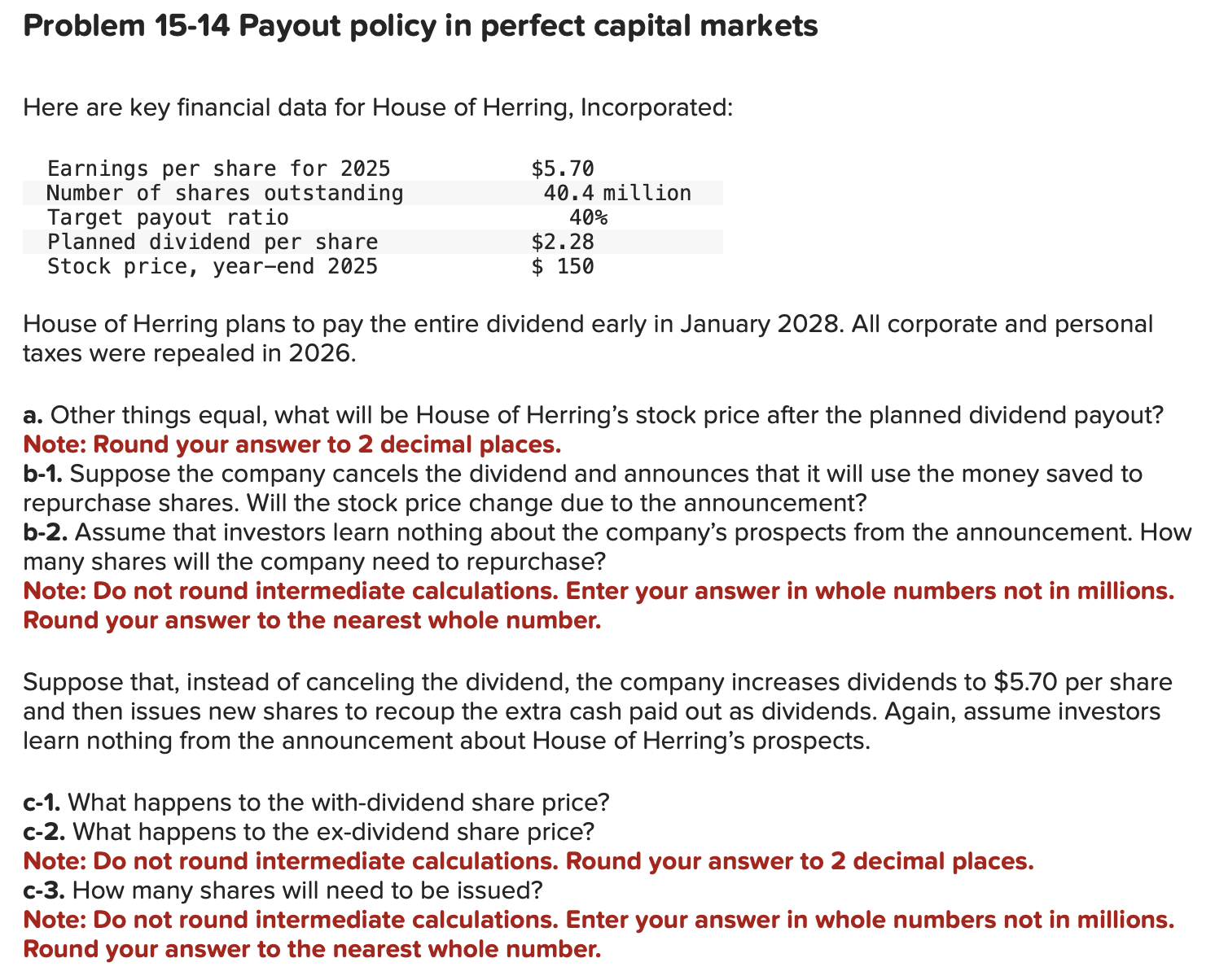 Solved Problem 15-14 ﻿Payout policy in perfect capital | Chegg.com