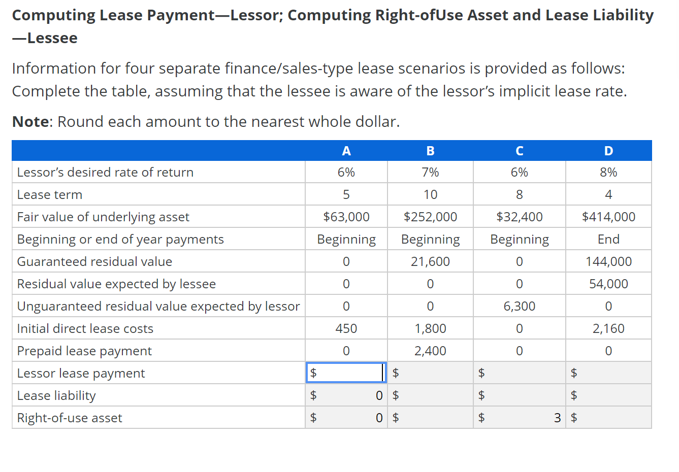 Solved Computing Lease Payment-Lessor; Computing Right-ofUse | Chegg.com