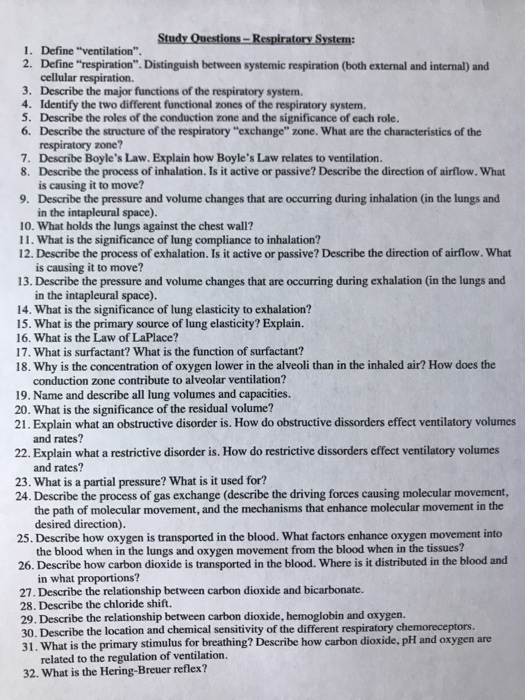 Solved Study Questions-Respiratory System: I. Define | Chegg.com
