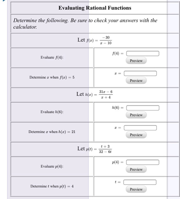Solved Evaluating Rational Functions Determine the | Chegg.com