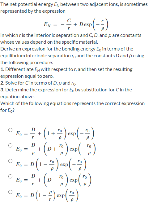 Solved The net potential energy EN between two adjacent | Chegg.com