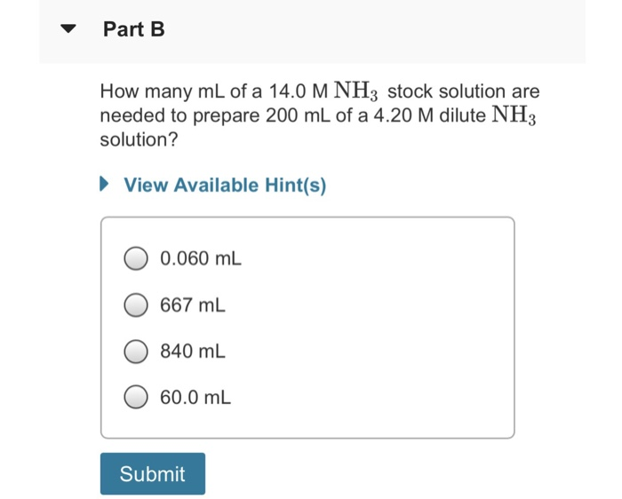 Solved Part B How many mL of a 14.0 M NH3 stock solution | Chegg.com