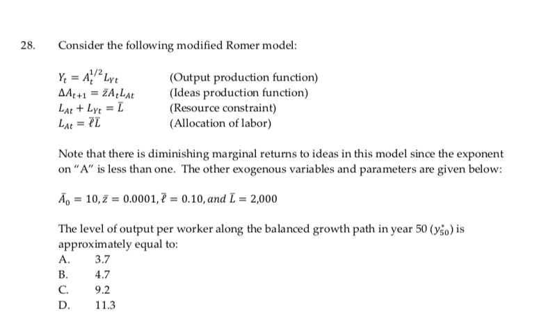 Solved 28 Consider the following modified Romer model: /2 | Chegg.com