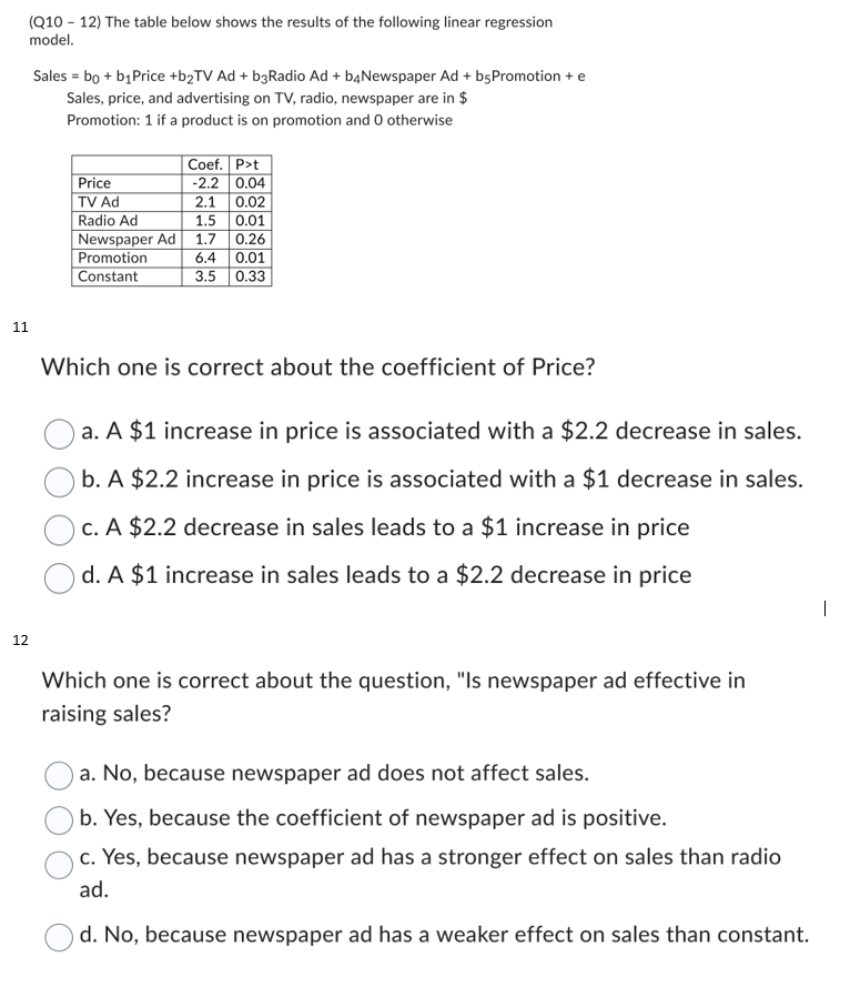 Solved (Q10−12) The table below shows the results of the | Chegg.com