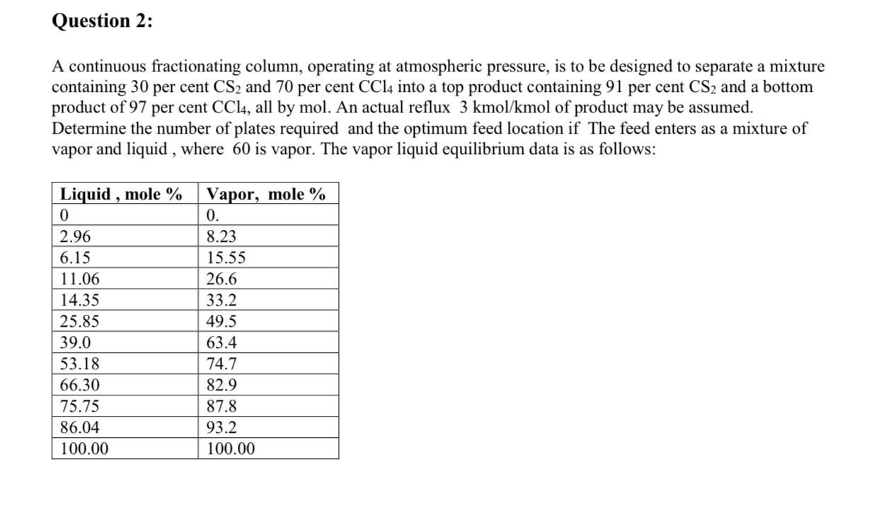 Solved Question 2: A continuous fractionating column, | Chegg.com