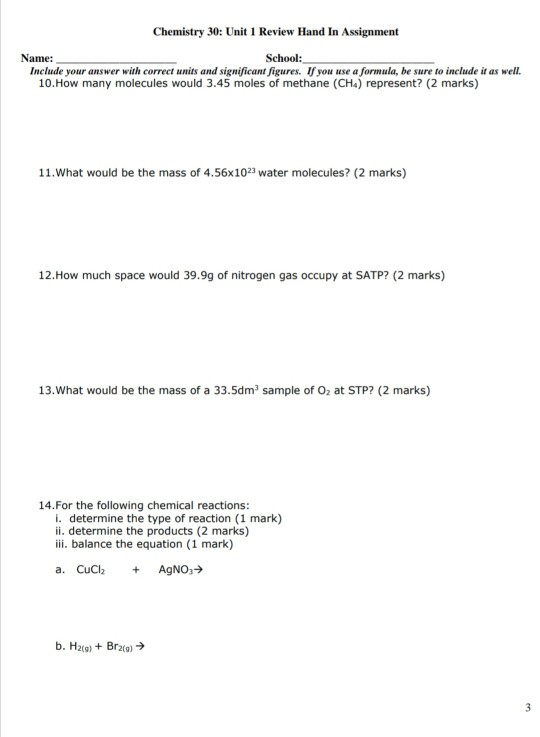 Solved Chemistry 30: Unit 1 Review Hand In Assignment Name: | Chegg.com