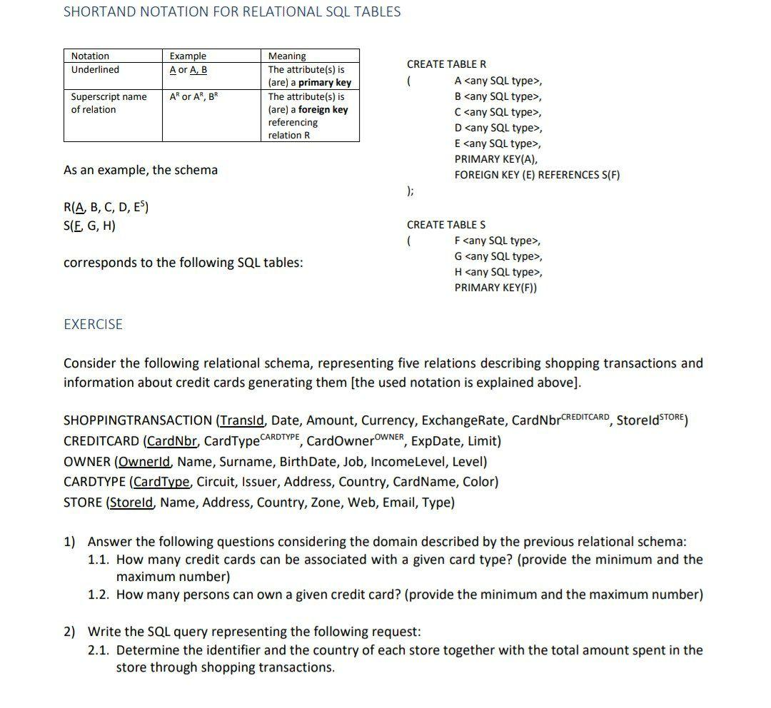 SHORTAND NOTATION FOR RELATIONAL SQL TABLES Example | Chegg.com