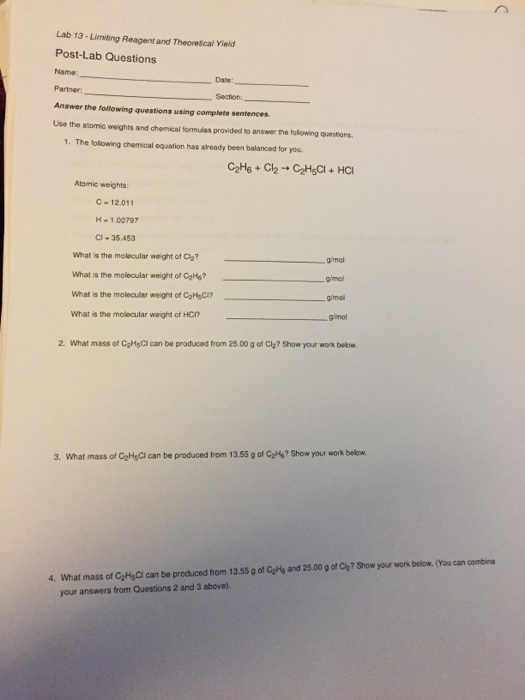 Solved Lab 13 - Limiting Reagent and Theoretical Yield | Chegg.com