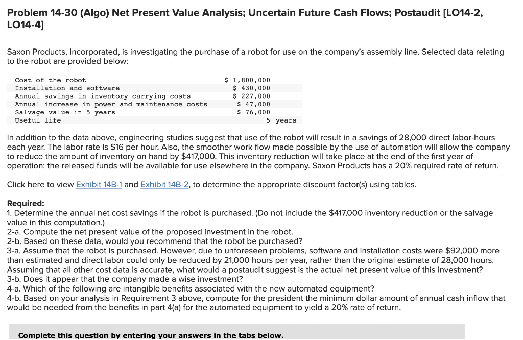 Solved Problem 14-30 (Algo) Net Present Value Analysis; | Chegg.com
