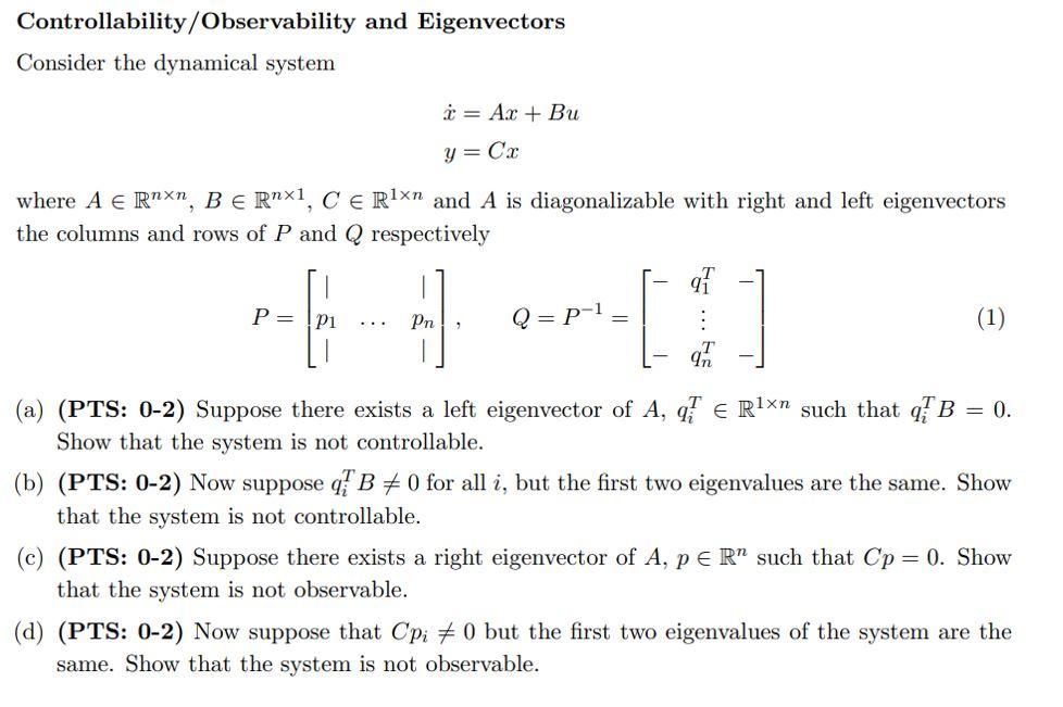 Solved Controllability/Observability and Eigenvectors | Chegg.com