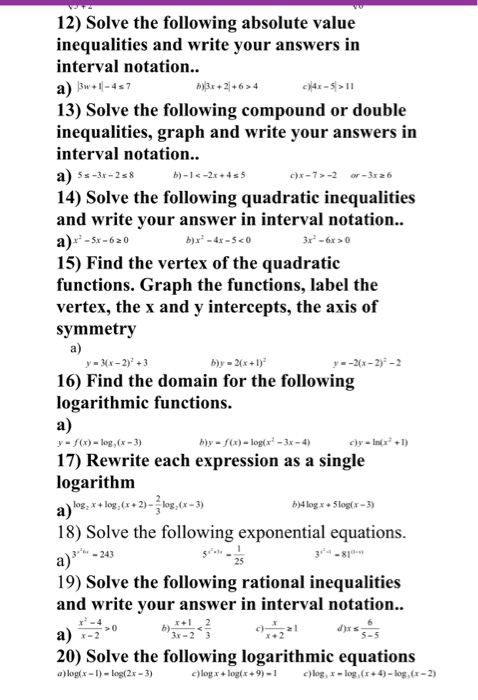 Solved 12) Solve the following absolute value inequalities | Chegg.com