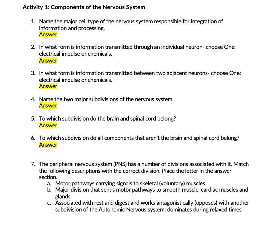 Solved Activity 1: Components of the Nervous System 1. Name | Chegg.com