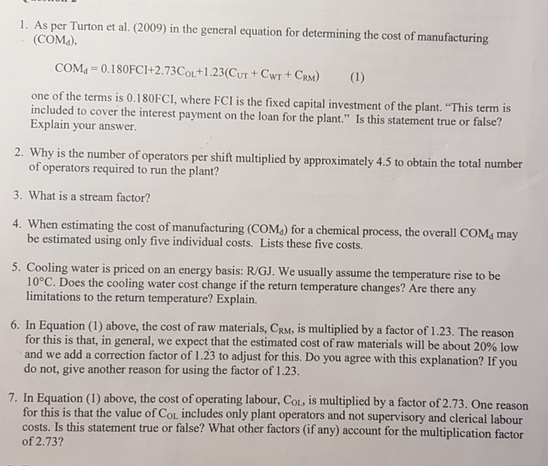 Solved 1. As per Turton et al. (2009) in the general | Chegg.com