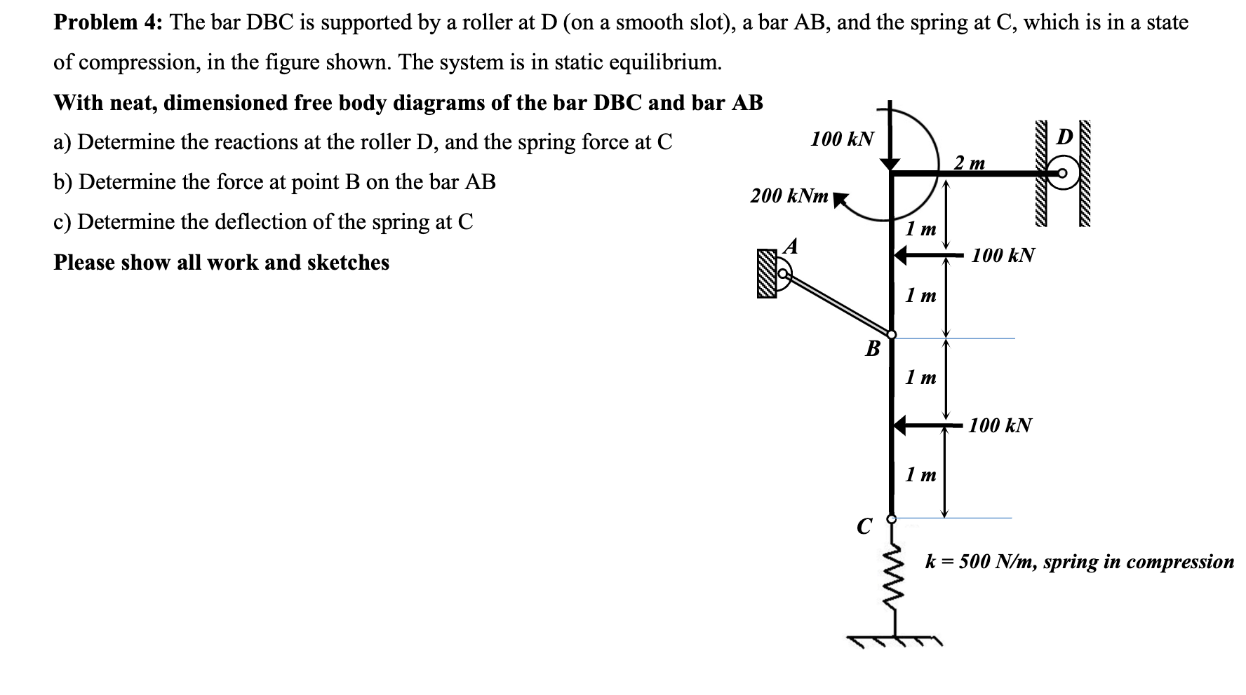 Solved Problem 4: The bar DBC is supported by a roller at D | Chegg.com