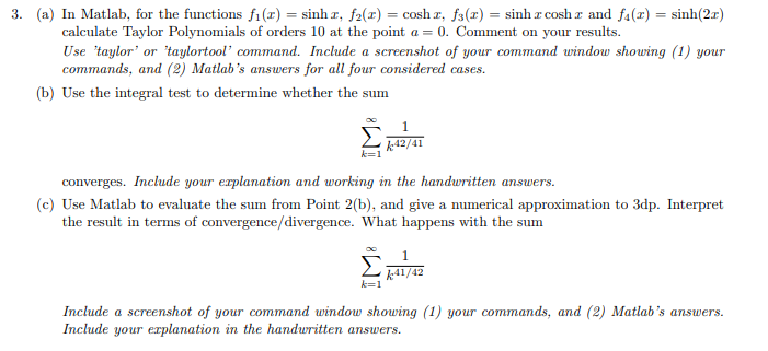 Solved 3. (a) In Matlab, for the functions f1(x) = sinh x, | Chegg.com