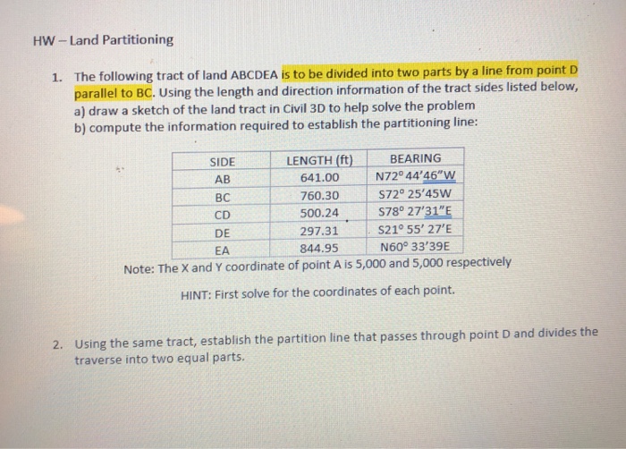 Solved HW-Land Partitioning The following tract of land | Chegg.com