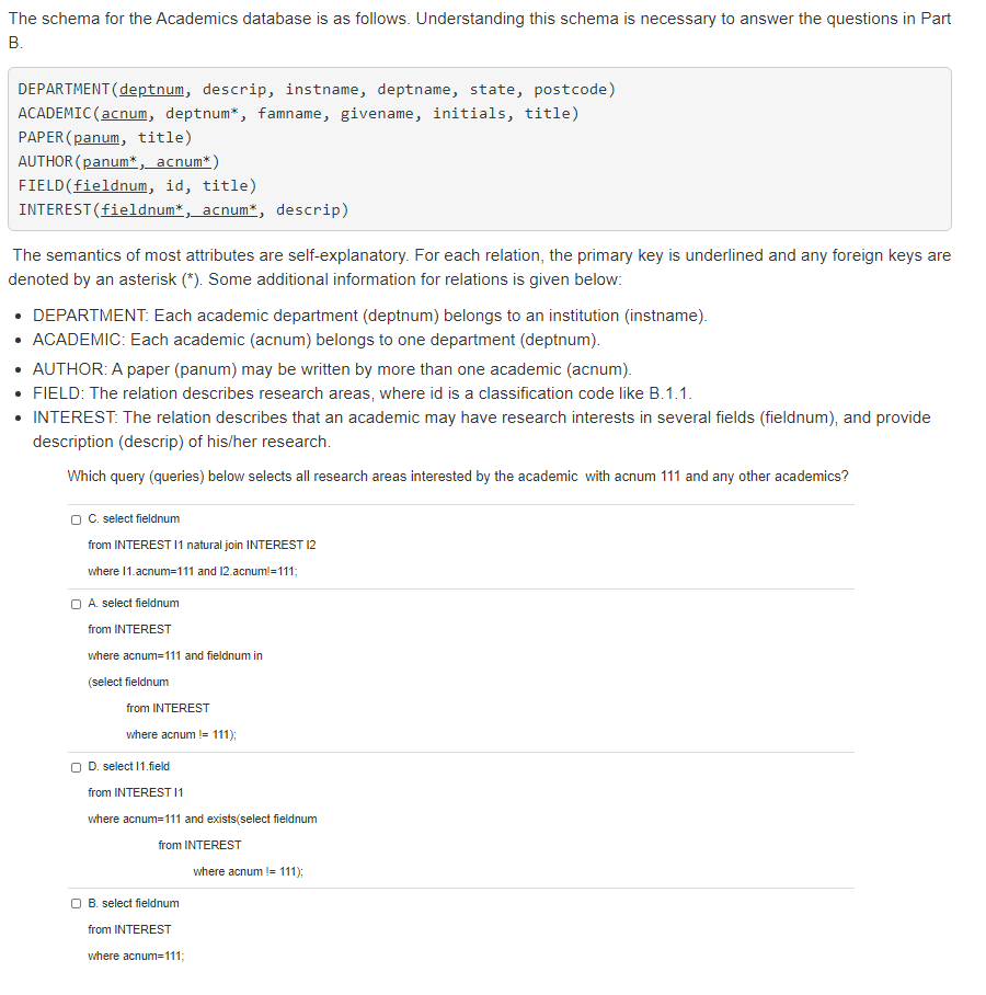 Solved The schema for the Academics database is as follows. | Chegg.com