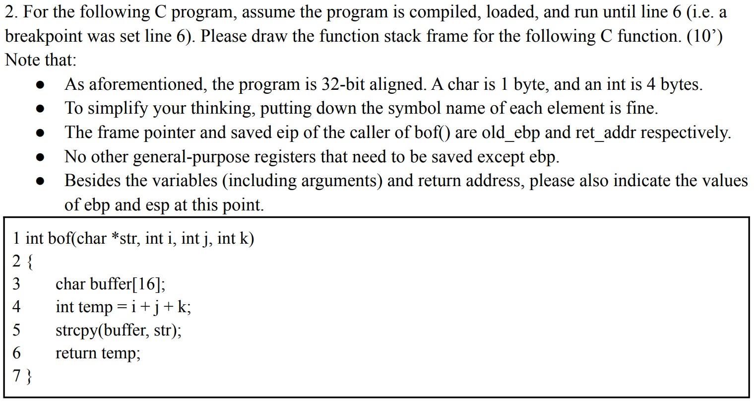 2. For the following C program, assume the program is | Chegg.com