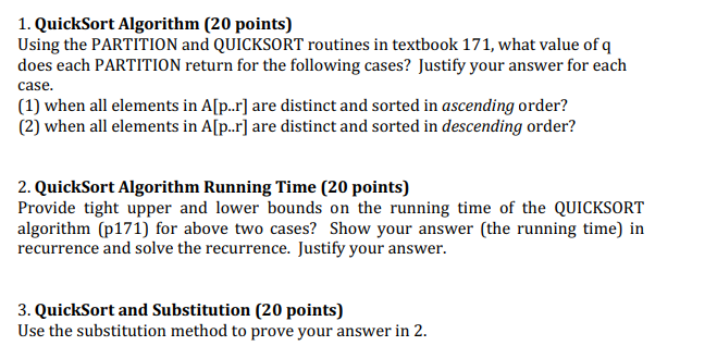 Solved 1. QuickSort Algorithm (20 points) Using the | Chegg.com