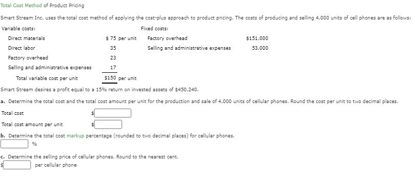 Solved Total Cost Method of Product Pricing 5mart Stream | Chegg.com
