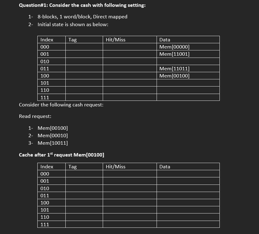 Solved Question#1: Consider the cash with following setting: | Chegg.com