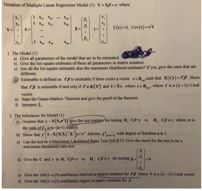Solved Notation Ofmultiple Linear Regression Model 1 Y Xp 