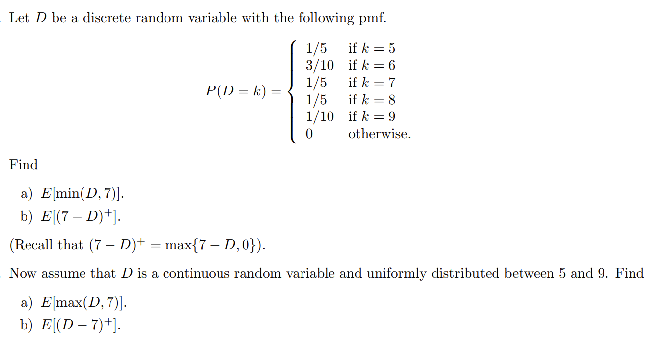 Solved Let D be a discrete random variable with the | Chegg.com