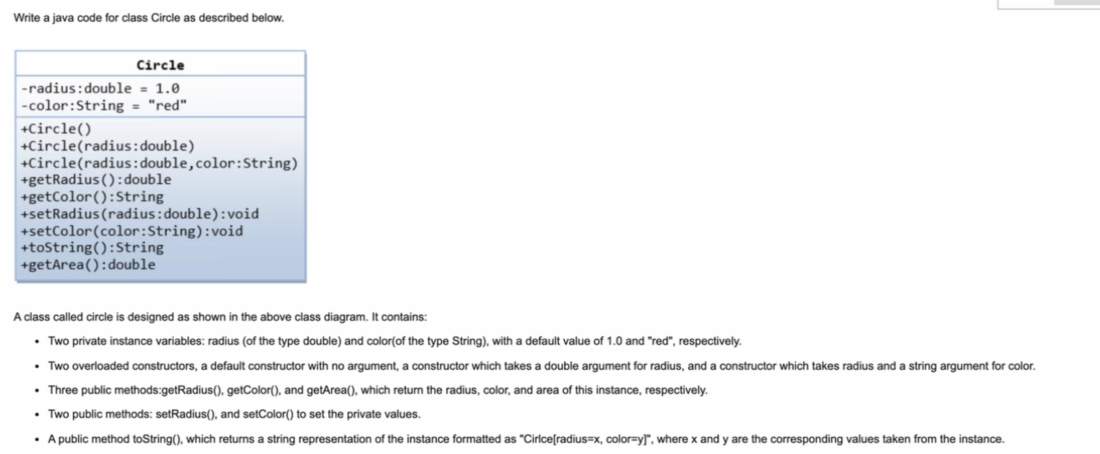 Solved Write a java code for class Circle as described | Chegg.com