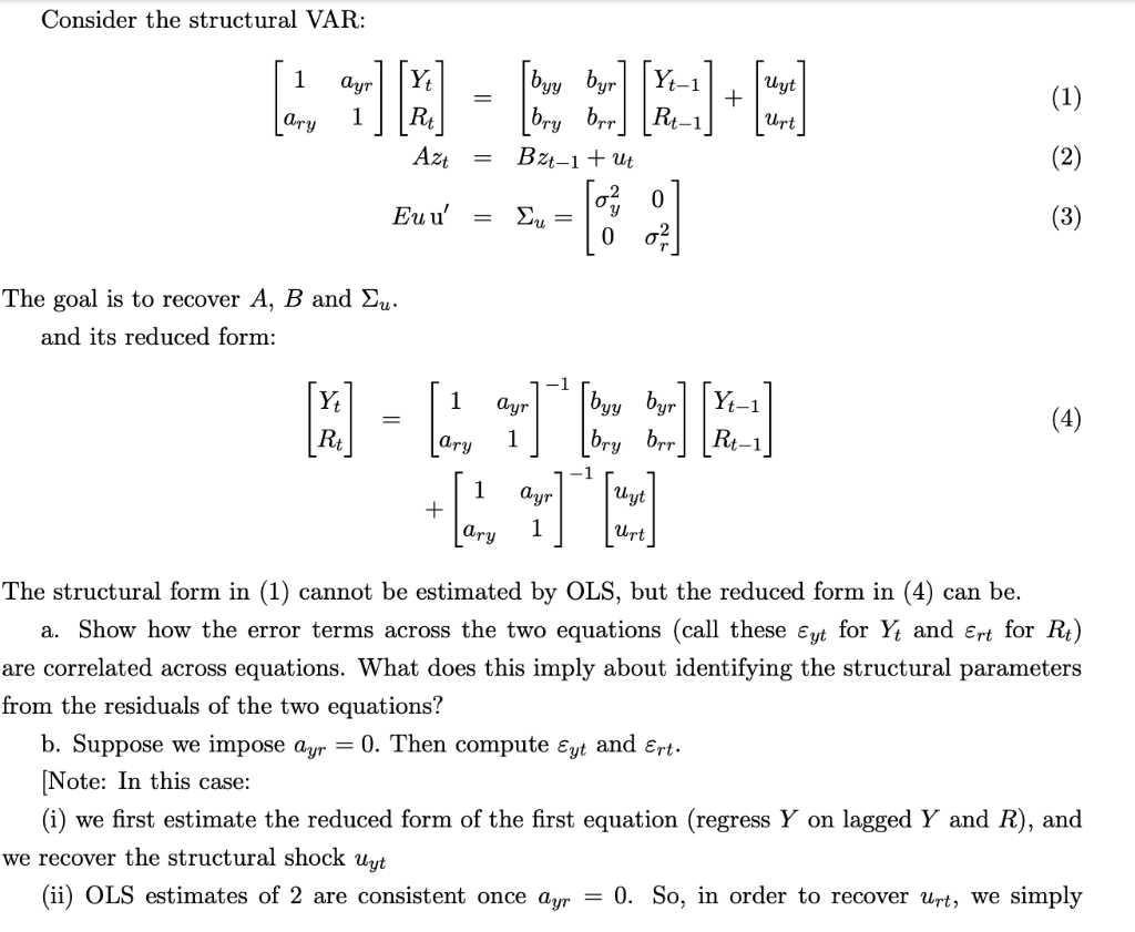 Consider the structural VAR: (1J K - L M - 4 Azt = | Chegg.com