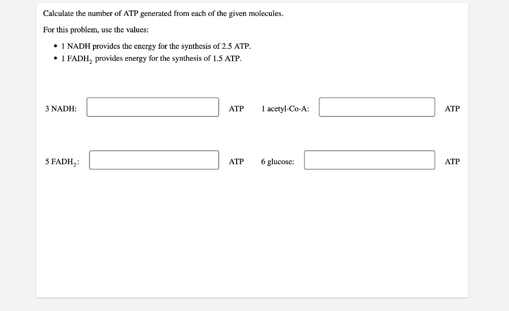 Solved Calculate the number of ATP generated from each of | Chegg.com