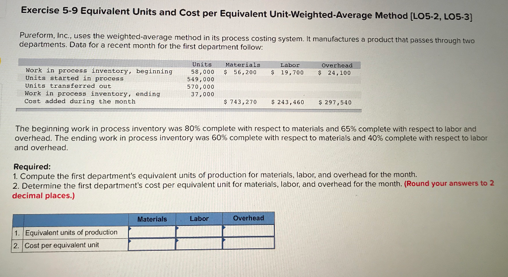 Solved Exercise 5-9 Equivalent Units and Cost per Equivalent | Chegg.com