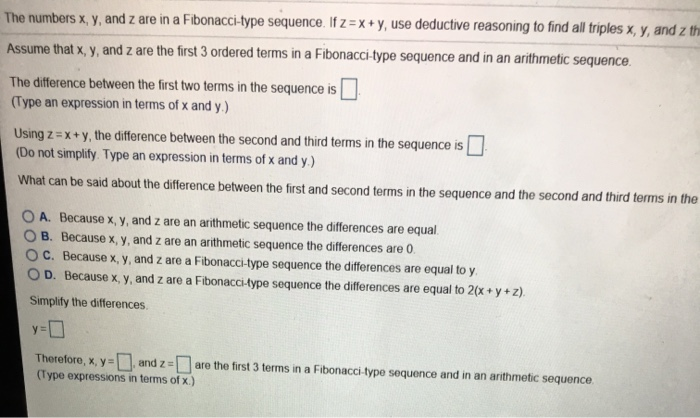 Solved The numbers x, y, and z are in a Fibonacci-type | Chegg.com