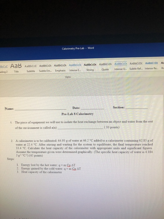Solved Calorimetry Pre-Lab-Word Strong Quote Intense Q | Chegg.com
