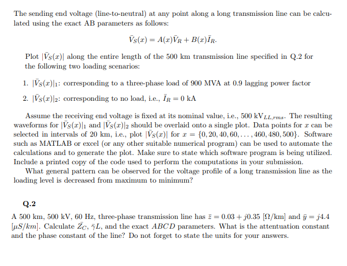 The sending end voltage (line-to-neutral) at any | Chegg.com