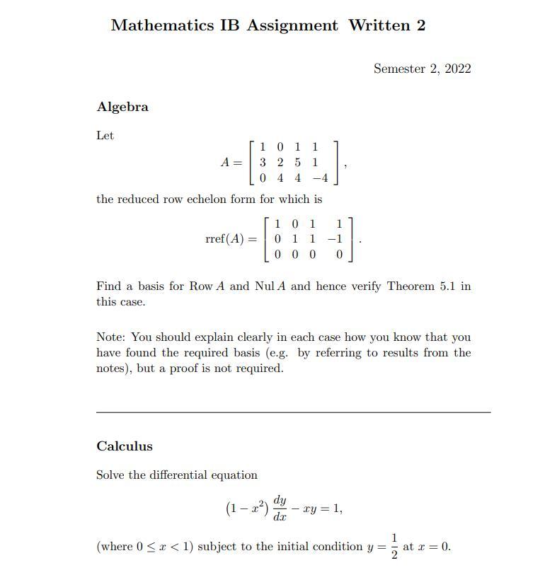 Solved Mathematics IB Assignment Written 2 Semester 2, 2022 | Chegg.com