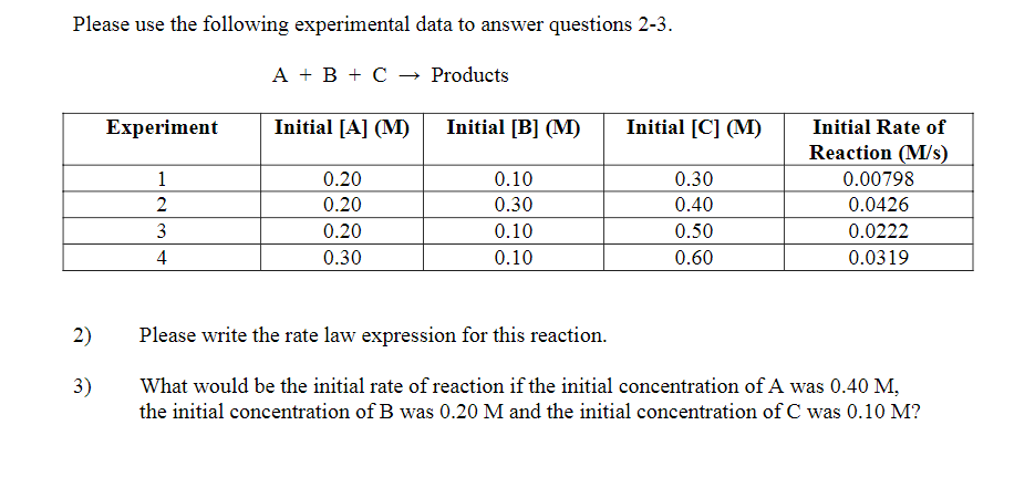 Solved Please use the following experimental data to answer | Chegg.com