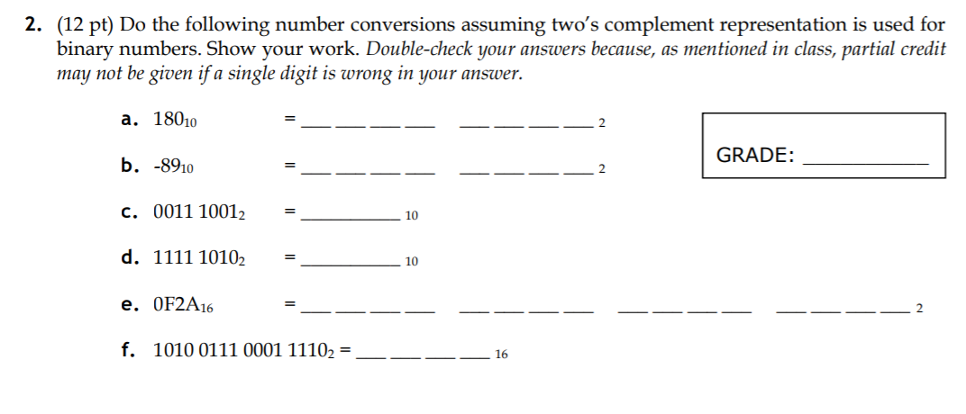 Solved 2. (12 pt) Do the following number conversions | Chegg.com