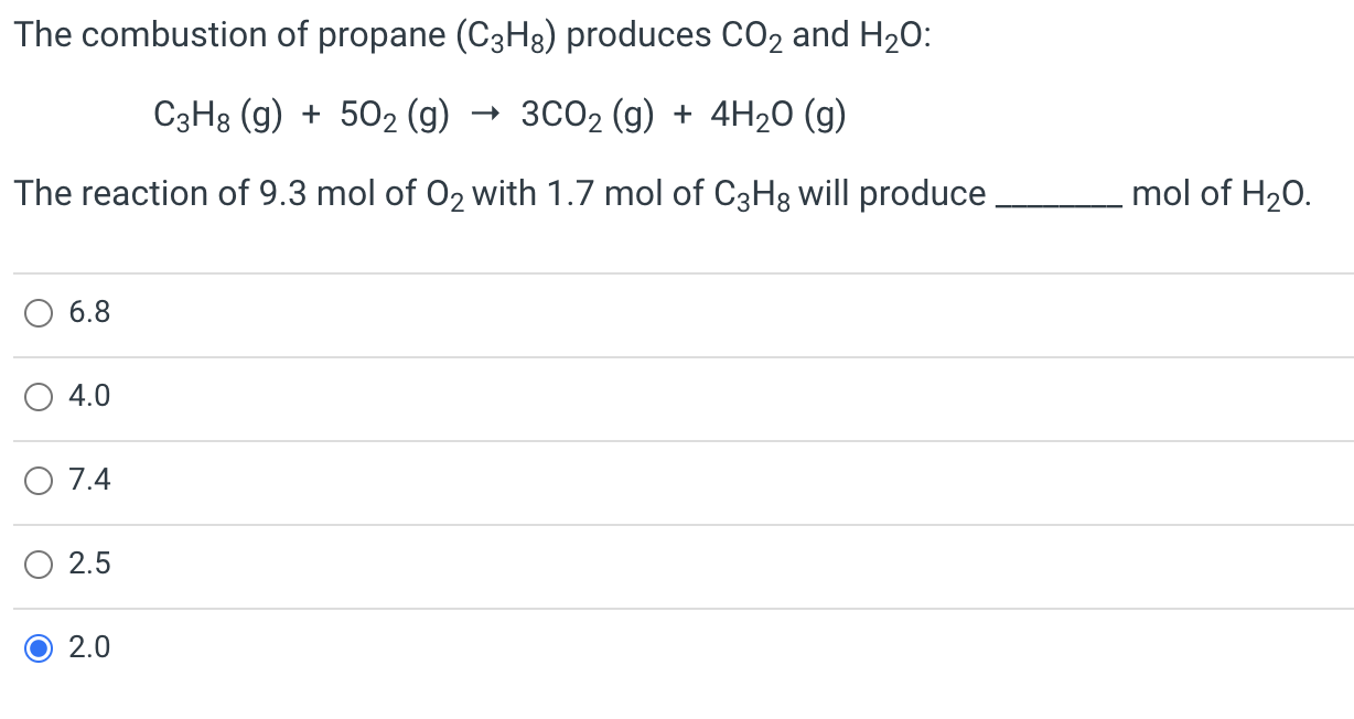 The reaction of 9.3 ﻿mol of O2 ﻿with 1.7 ﻿mol of C3H8 | Chegg.com