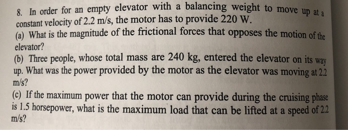 Solved balancing weight to 8. In order for an empty elevator | Chegg.com