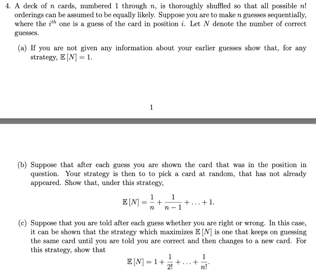 4. A deck of n cards, numbered 1 through n, is | Chegg.com