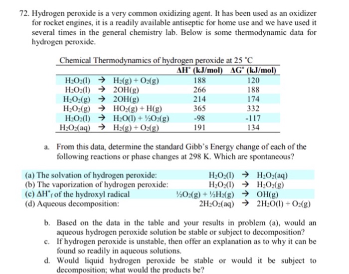 Solved 72. Hydrogen peroxide is a very common oxidizing | Chegg.com