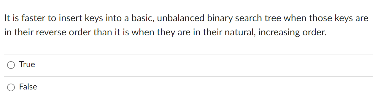Solved It is faster to insert keys into a basic, unbalanced | Chegg.com