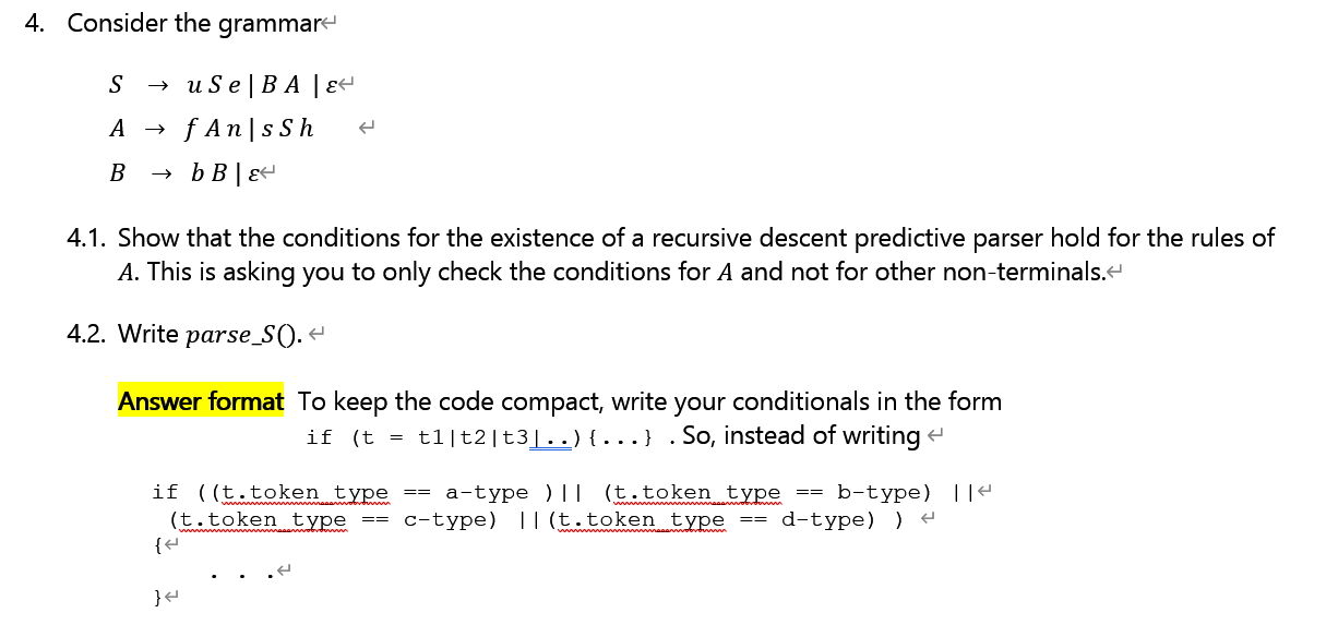4. Consider the grammar S→uSe∣BA∣εA→fAn∣sShB→bB∣ε | Chegg.com