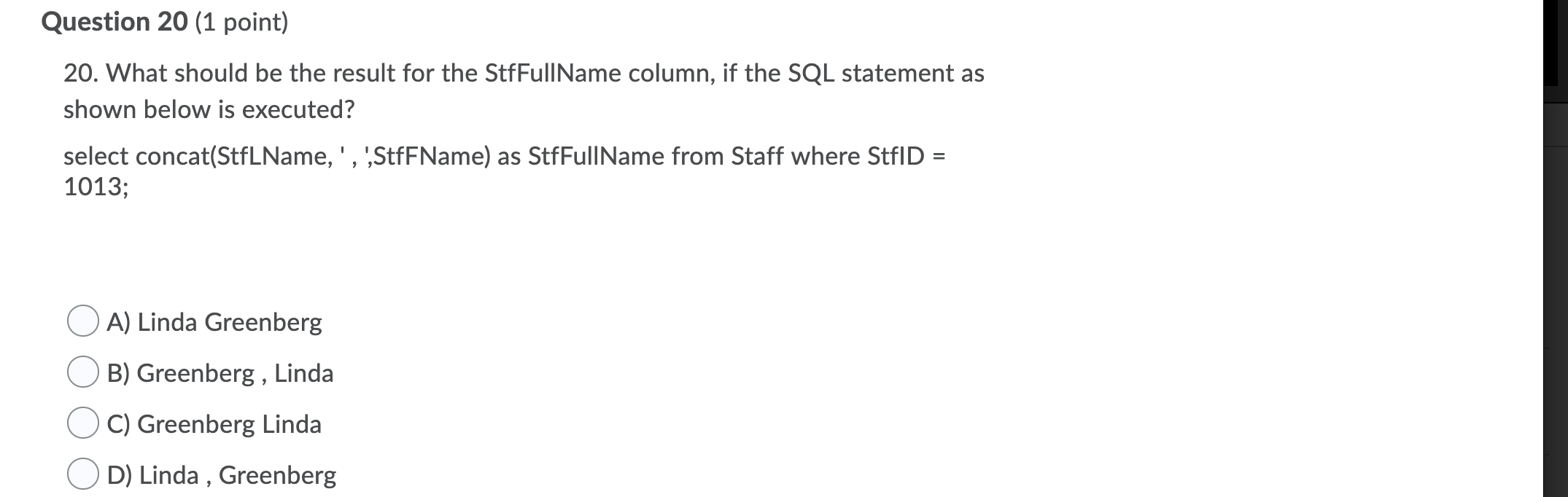 Solved Question 18 (1 point) Use the Staff table, as shown | Chegg.com