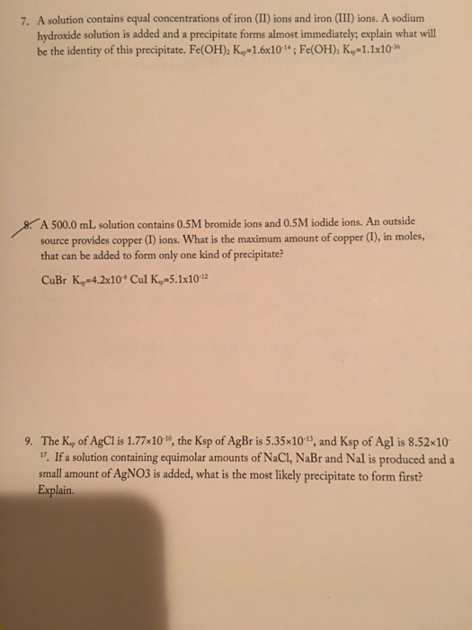 Solved 7. A solution contains equal concentrations of iron | Chegg.com